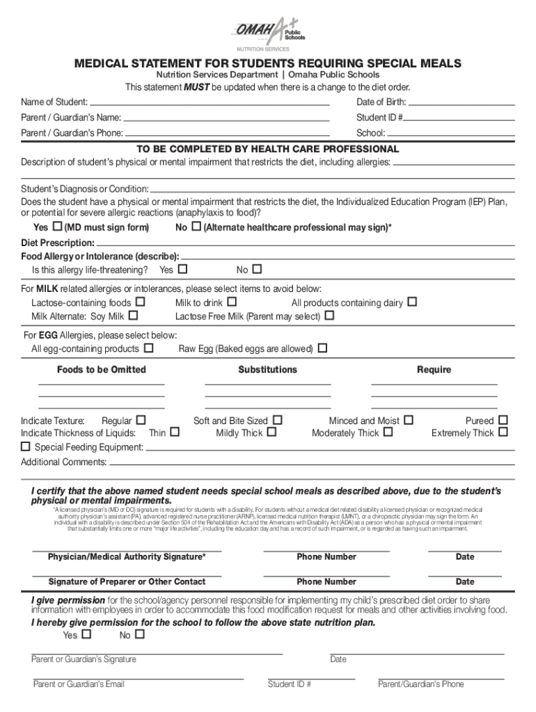 Fillable Online OPS Nutrition Services Medical Exception Form Fax Email ...