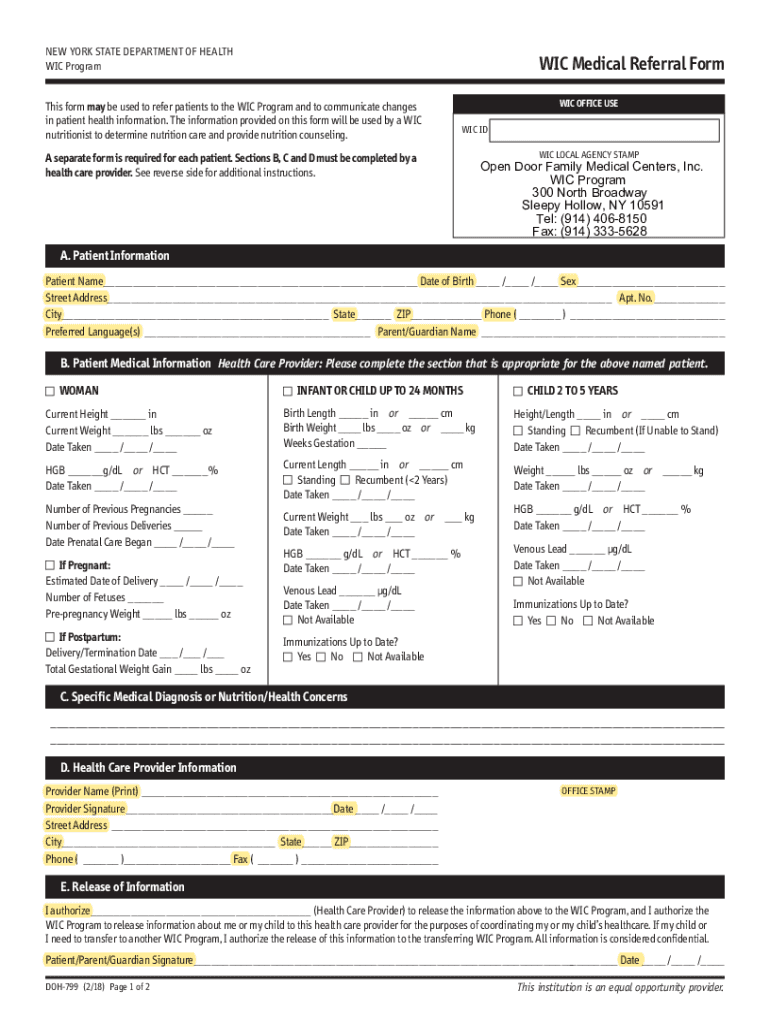 Fillable Online www.health.ny.govformsdoh-799WIC Medical Referral Form ...