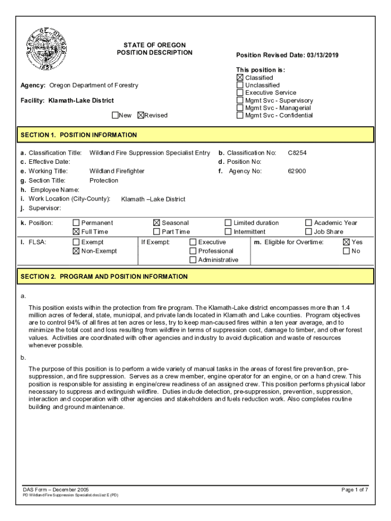 Fillable Online PD Wildland Fire Suppression Specialist Entry KLD Fax ...