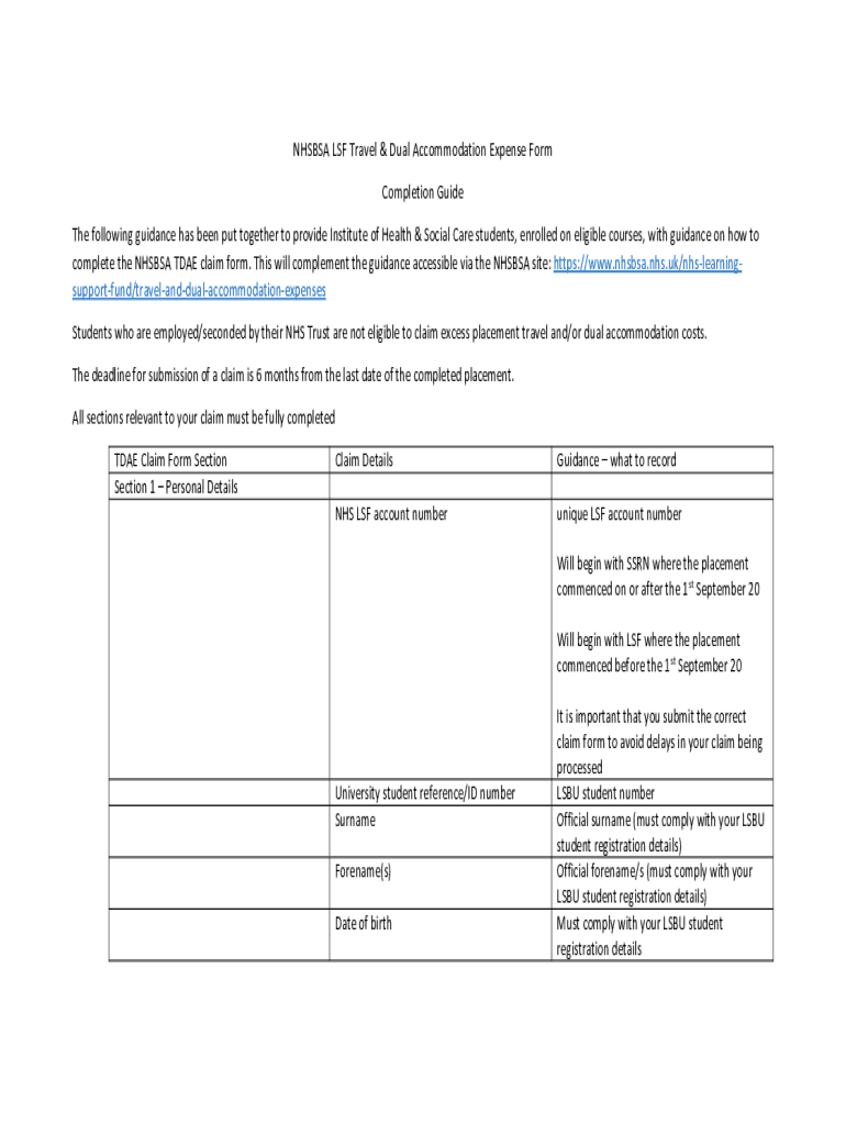 Fillable Online NHSBSA LSF Travel & Dual Accommodation Expense Form ...