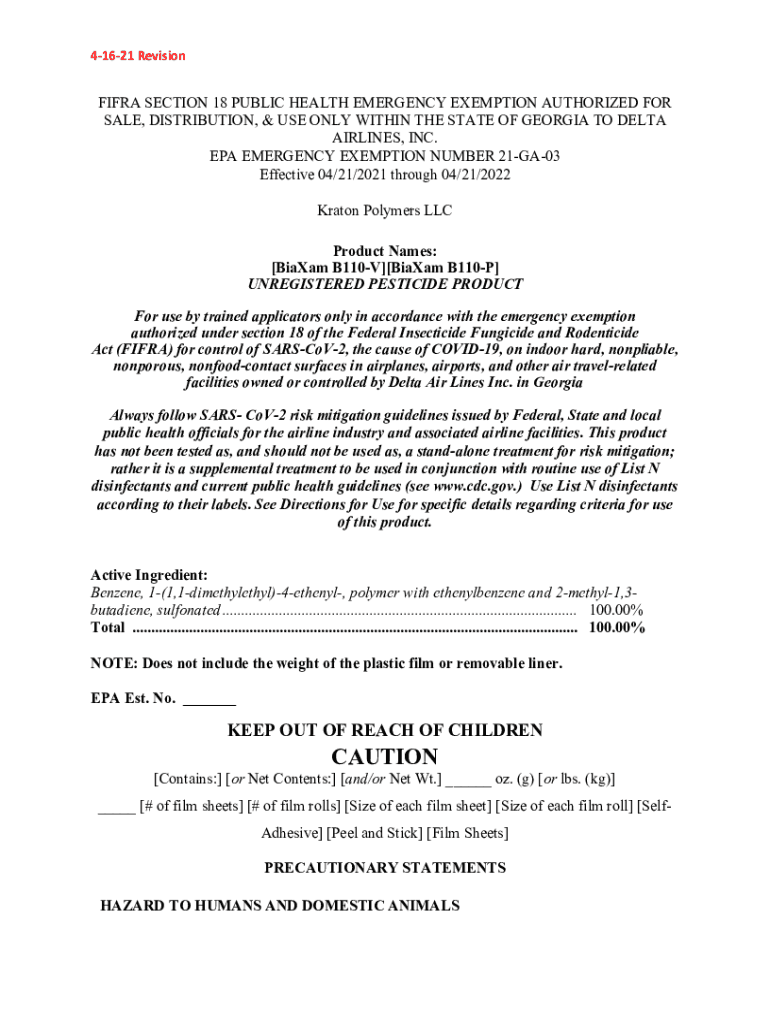 Fillable Online EPA Awards Section 18 Public Health Emergency Exemption ...