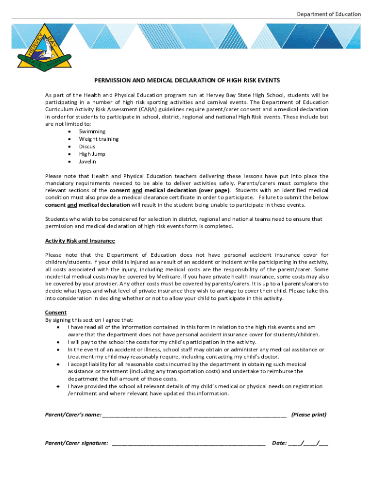 Fillable Online herveybayshs eq edu PERMISSION AND MEDICAL DECLARATION ...