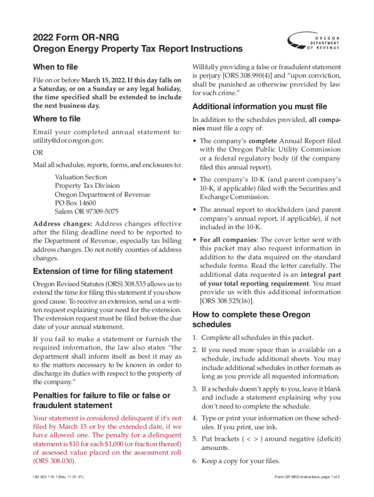 Fillable Online Form OR-NRG, Energy Oregon Property Tax Report Instructions, 150-302-119-1 Fax ...