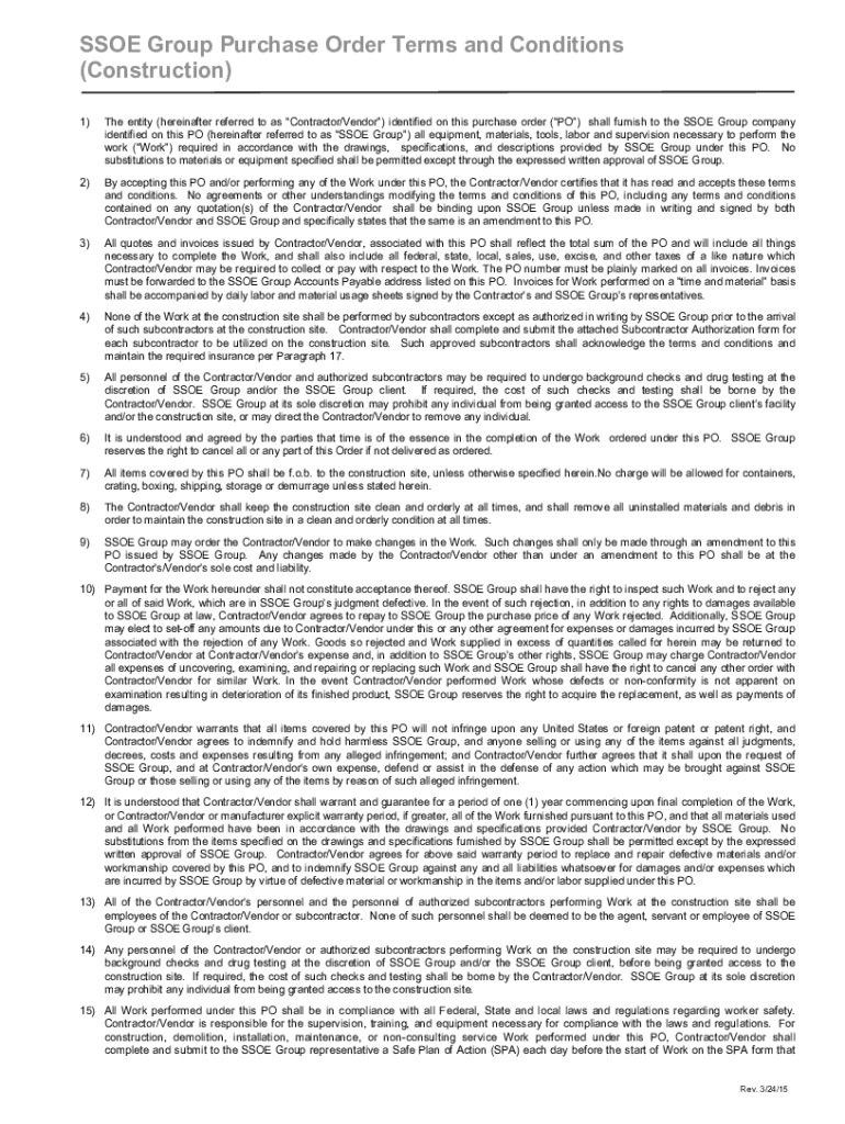 Fillable Online Use of SSOE Group Purchase Order Or Sub-Contract Sample ...