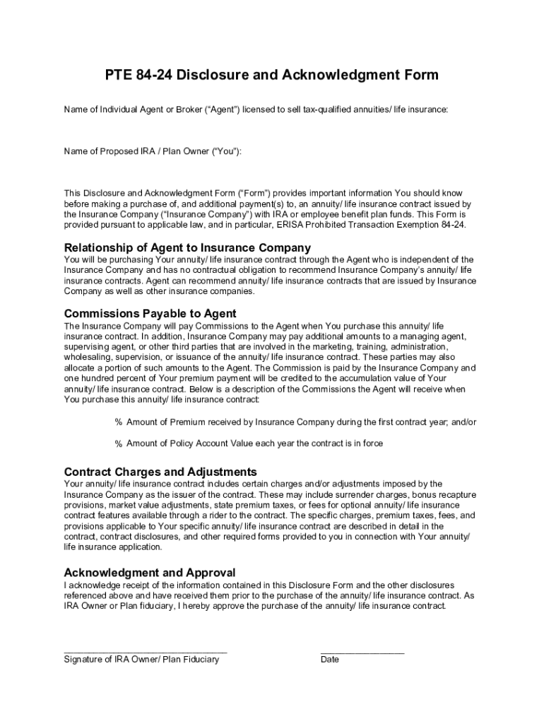 Fillable Online PTE 84-24 Disclosure and Acknowledgment Form for use ...