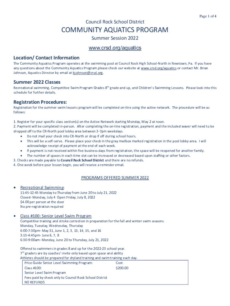 Fillable Online www.crsd.orgaquaticsCommunity Aquatics Program (CAP ...