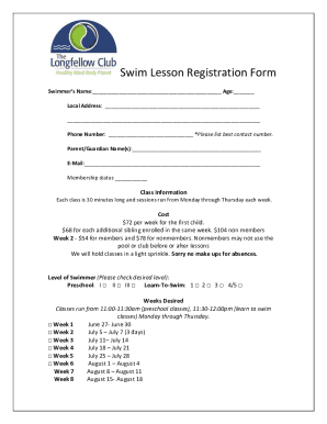 Fillable Online Swim Lesson Registration Form - 2011 Fax Email Print ...