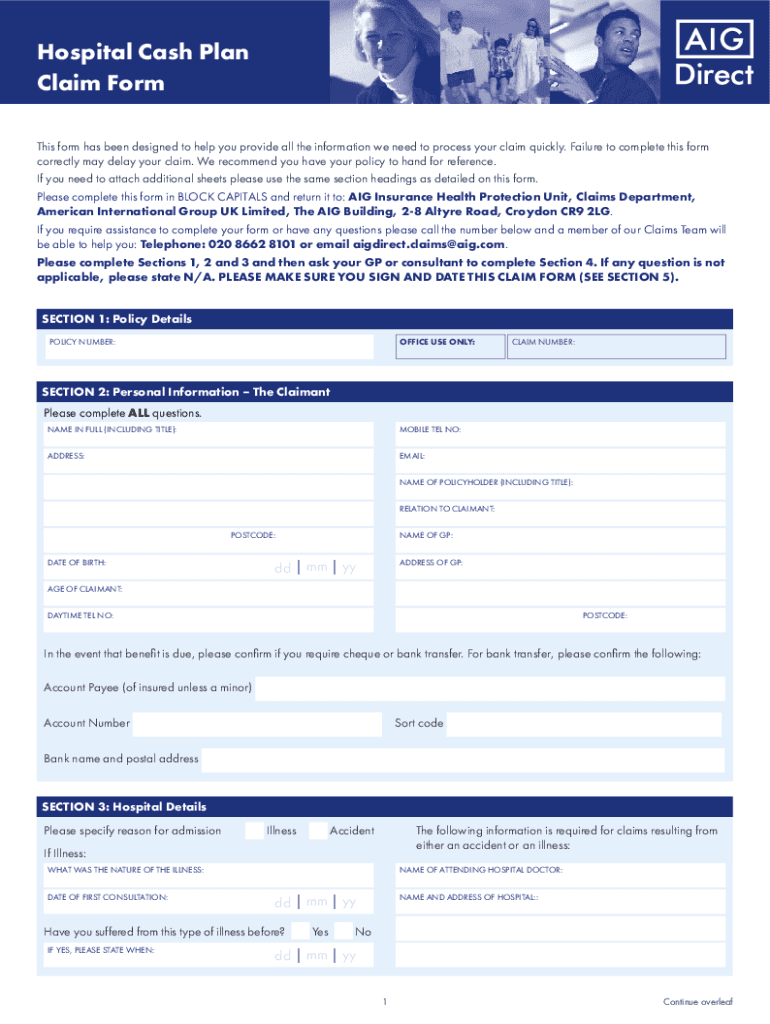 Fillable Online www.aig.co.ukcontentdamHospital Cash Plan Claim Form ...