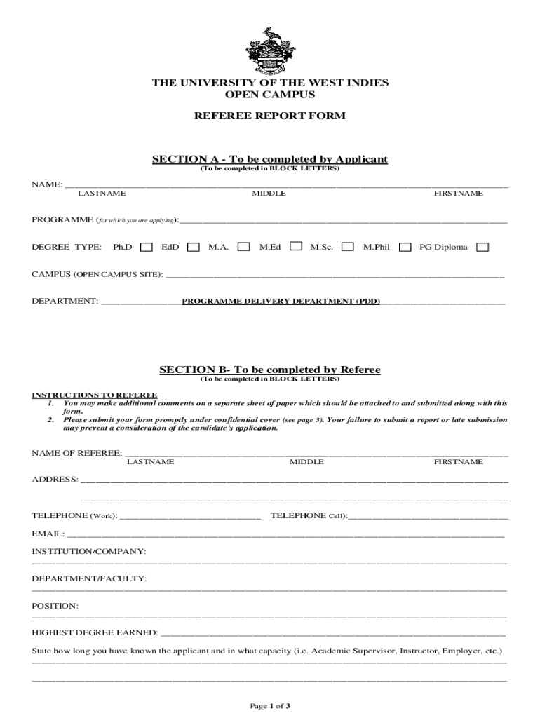 Fillable Online www.open.uwi.edusitesdefaultReferee Report Form ...