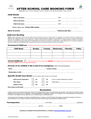 Fillable Online OSHC Before/After School Care and Holiday Program ...