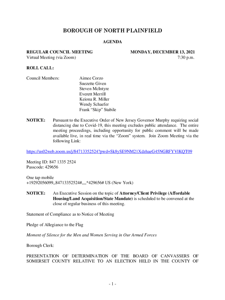 Fillable Online BOROUGH OF NORTH PLAINFIELD AGENDA REVISED Fax Email Print - pdfFiller