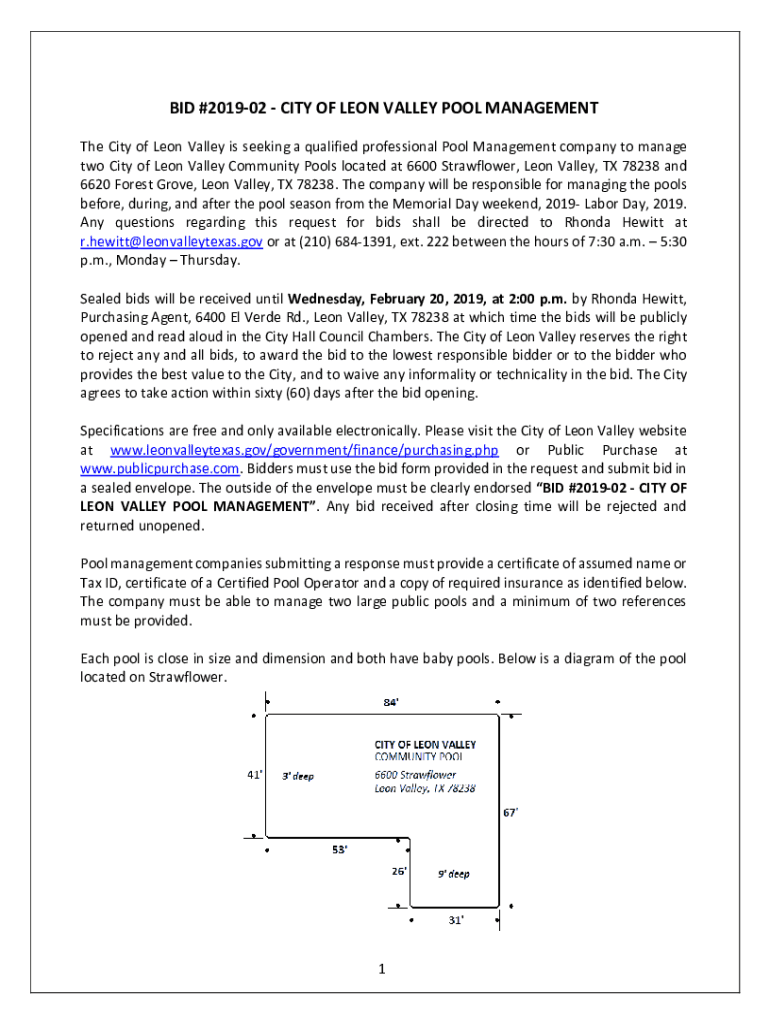Fillable Online BID #2019-02 - CITY OF LEON VALLEY POOL MANAGEMENT Fax ...