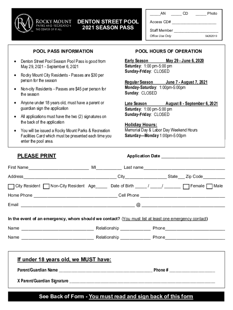 Fillable Online DENTON STREET POOL 2021 SEASON PASS See Back of Form ...