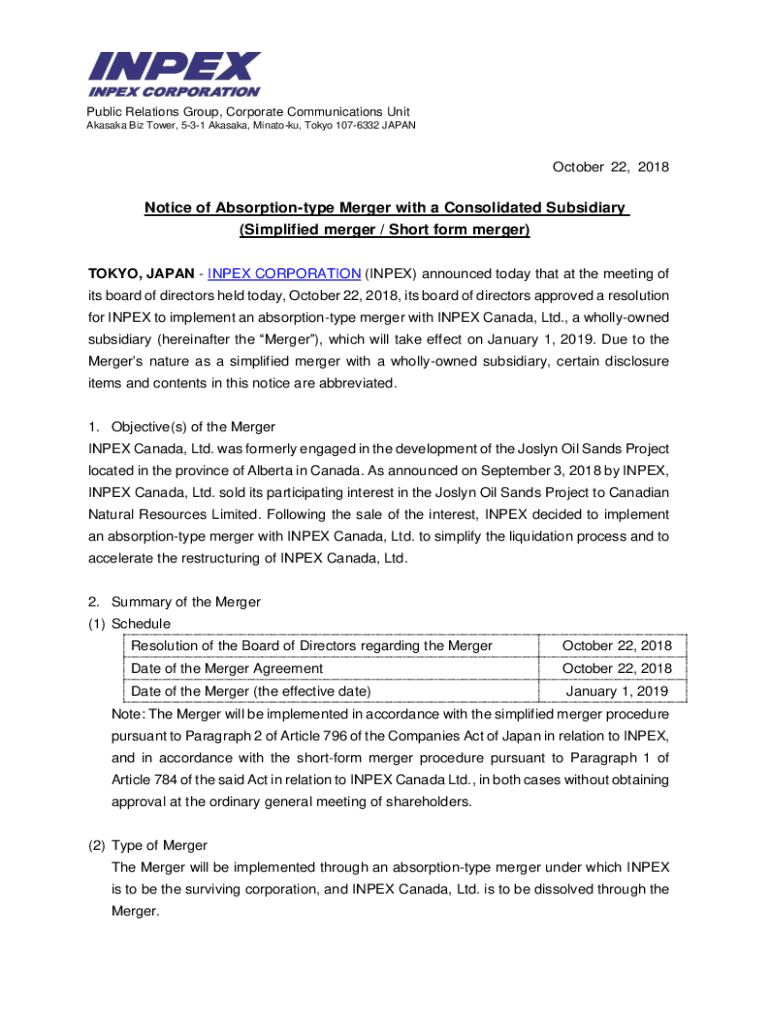 Fillable Online Notice of Absorption-type Merger with a Consolidated ...