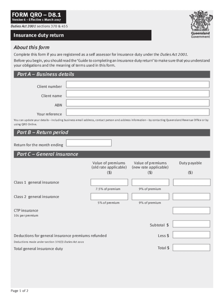 Fillable Online Form D8.1 Insurance duty return Fax Email Print - pdfFiller