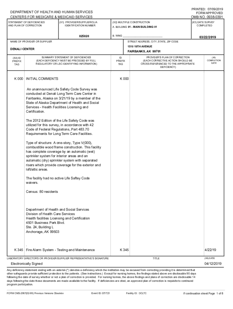 Fillable Online dhss alaska Denali LTC Life Safetey Code Survey 3/22/19 ...