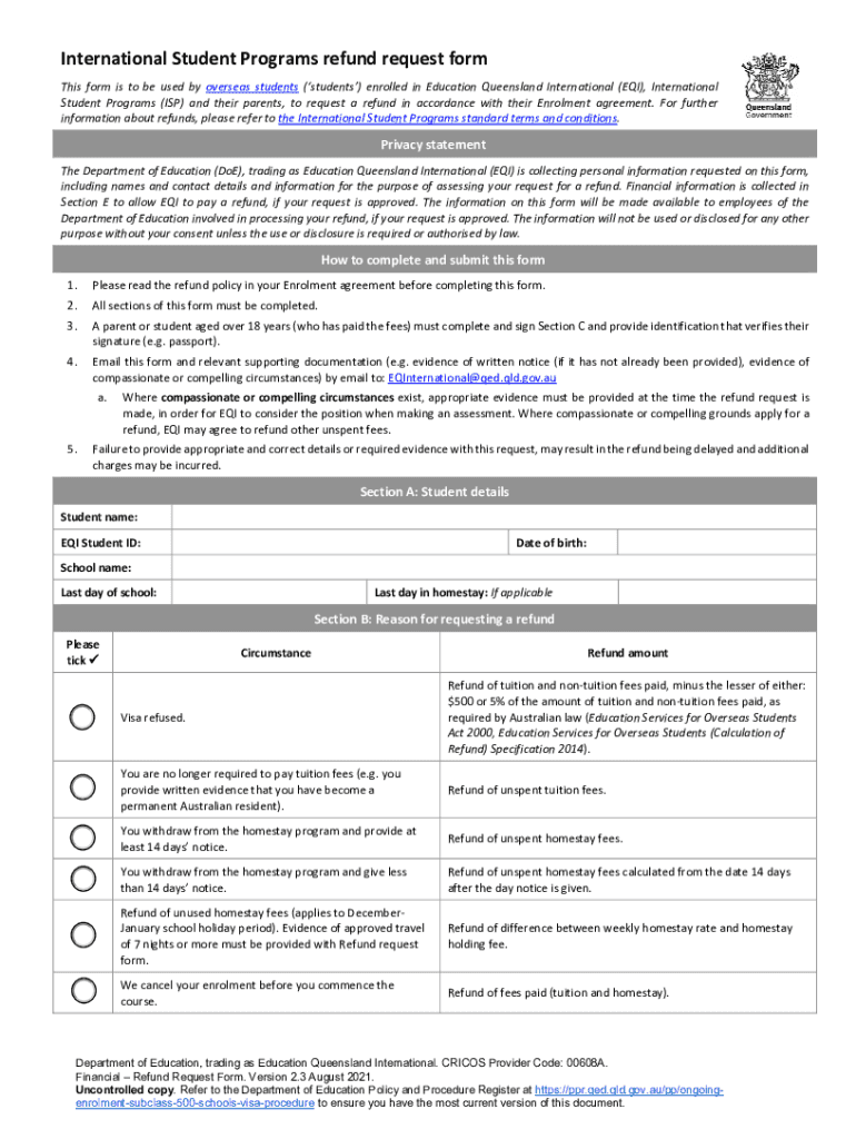 Fillable Online ppr.qed.qld.gov.auISP-refund-request-formInternational ...