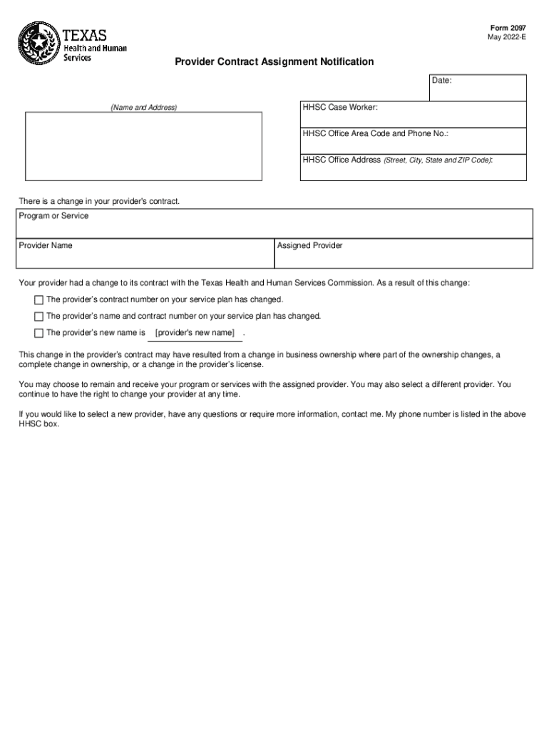 Fillable Online Fillable Online Form 2097 Provider Contract Assignment ...