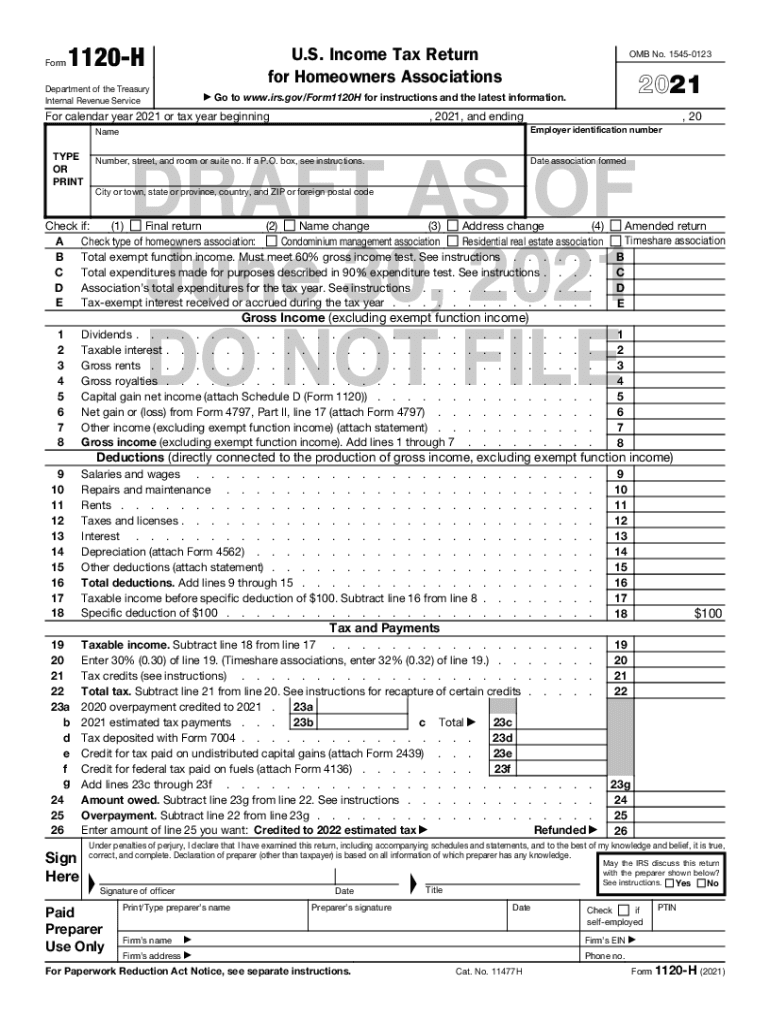 Fillable Online 2021 Form 1120-H. U.S. Income Tax Return for Homeowners ...