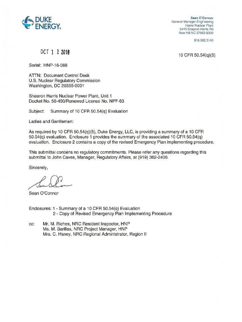 Fillable Online Shearon Harris, Unit 1 - Summary of 10 CFR 50.54(q ...