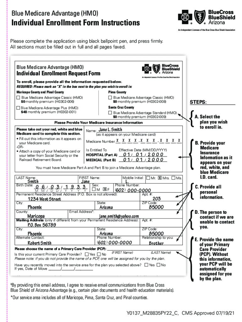 Fillable Online Blue Medicare Advantage (HMO) Individual Enrollment Form ... Fax Email Print ...