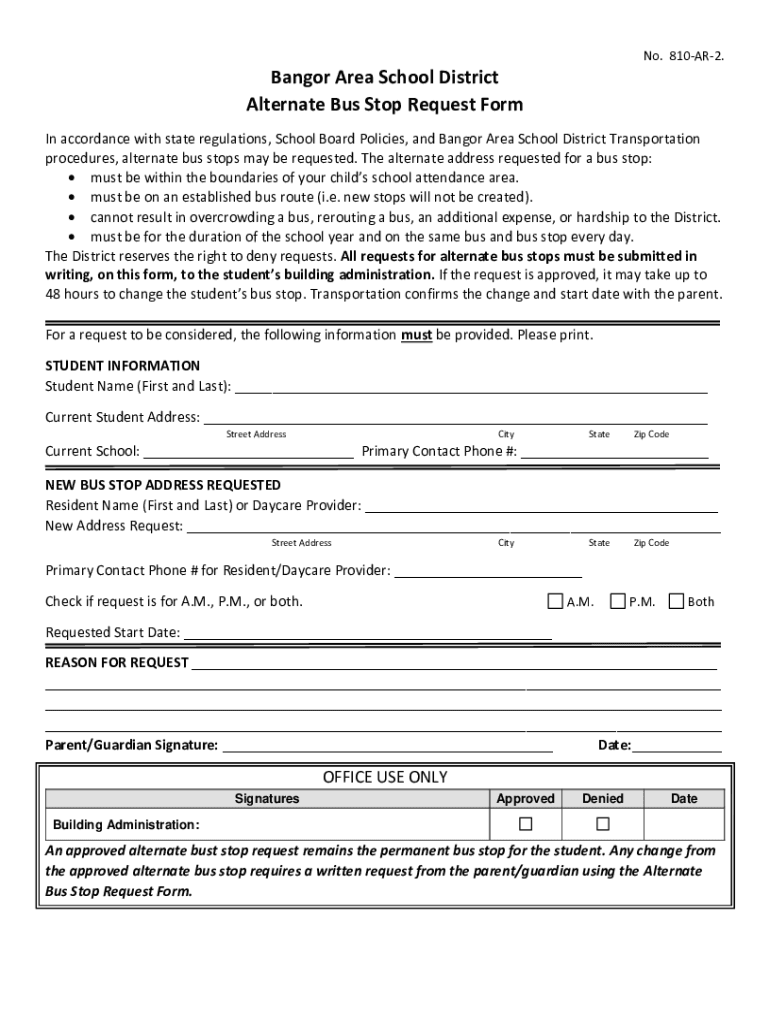 Fillable Online PDF Bangor Area School District Alternate Bus Stop ...