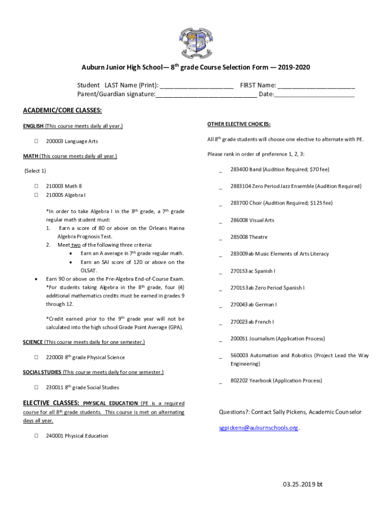 Fillable Online Auburn Junior High School 8th grade Course Selection ...