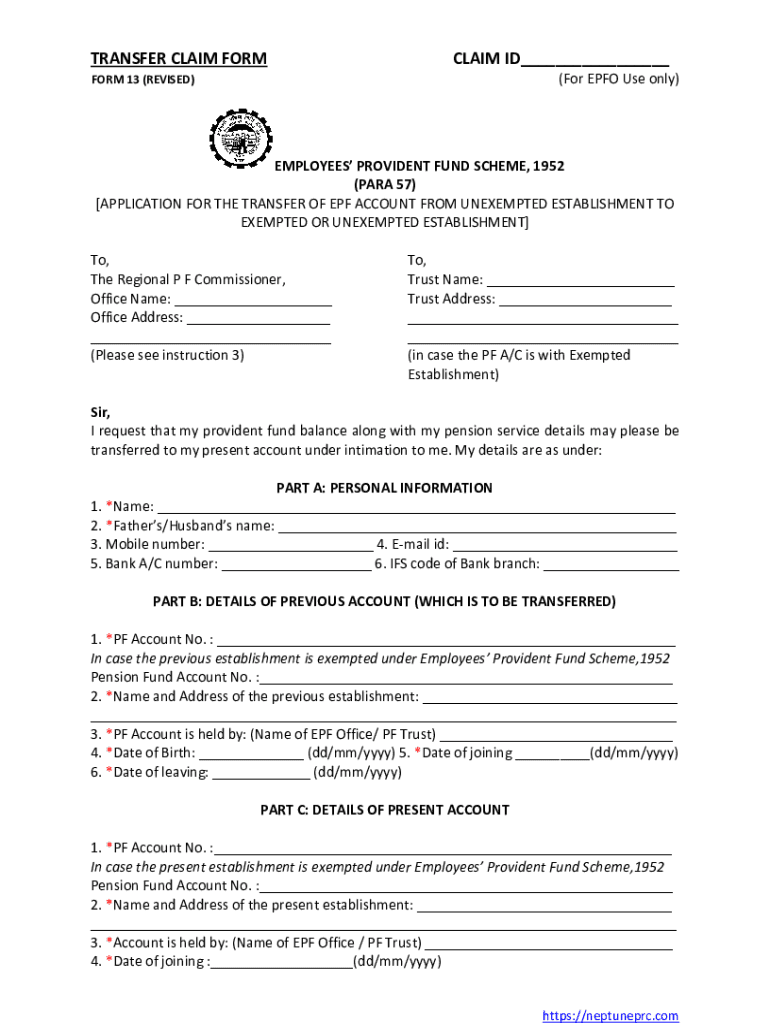 Fillable Online How to EPFO Online Transfer Claim - EPFinfo.inForm 13 ...