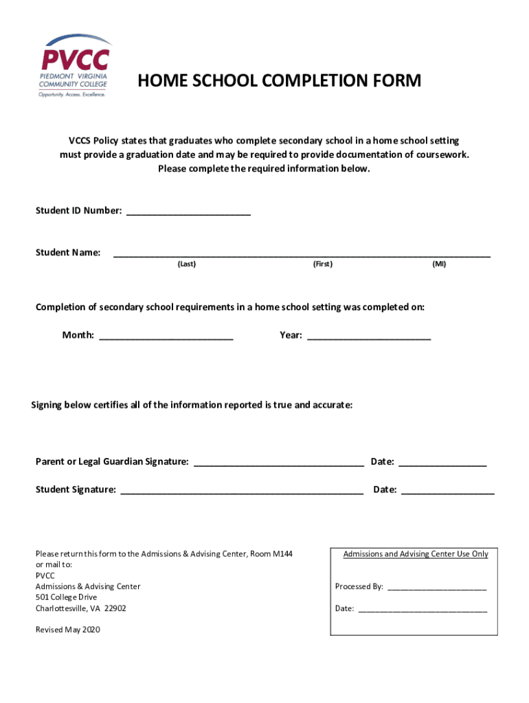 Fillable Online www.pvcc.edufileshomeschoolcompletionformHome School ...