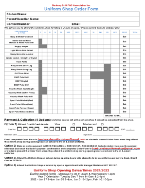 Fillable Online www.bunburyshs.wa.edu.auUniform Shop ORDER FORMUniform ...