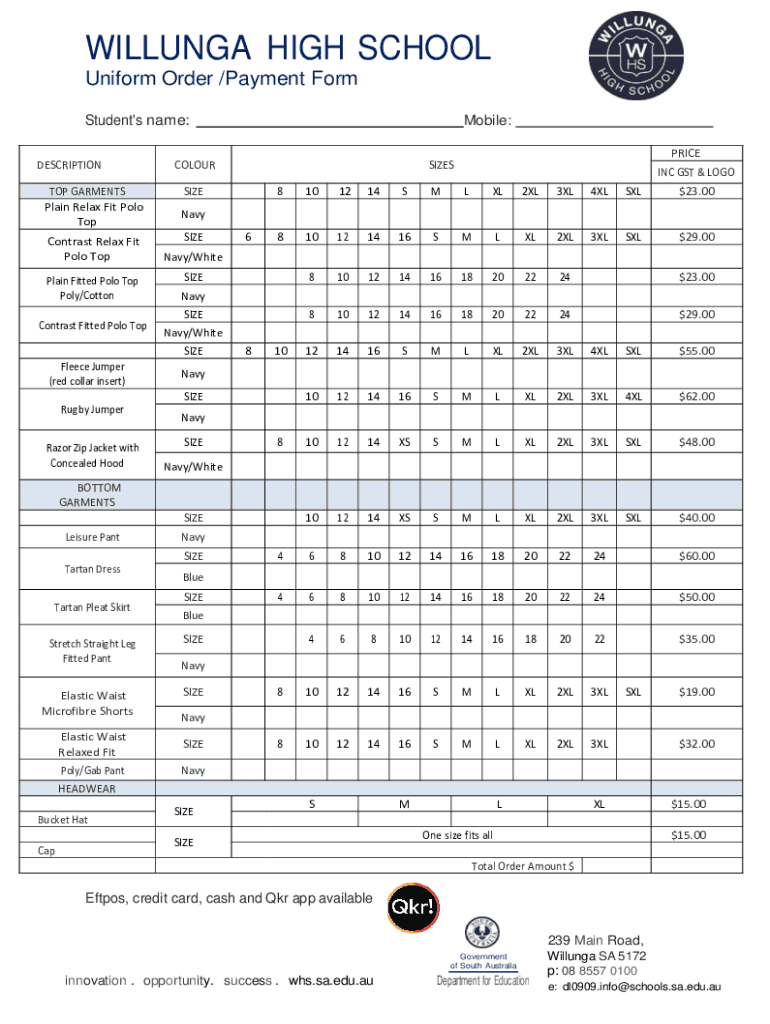 Fillable Online Get the free Uniform Order Form.pdf - Willunga High School Fax Email Print ...
