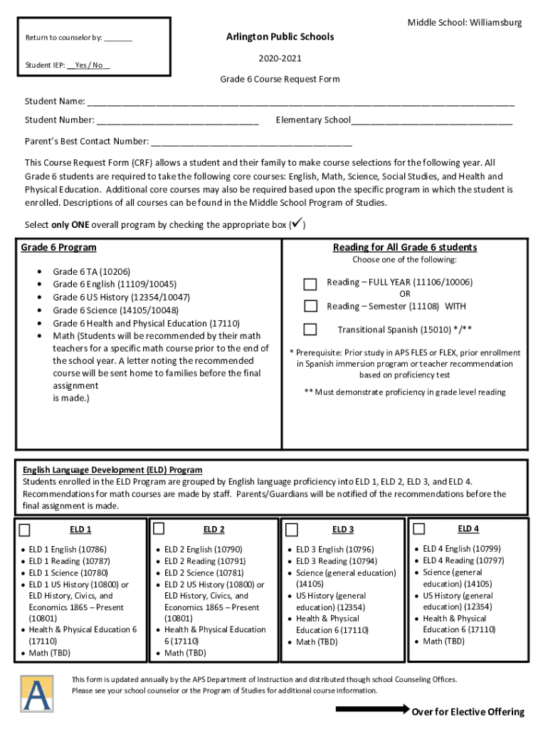 Fillable Online williamsburg.apsva.us02CourseRequestForm8Return to ...
