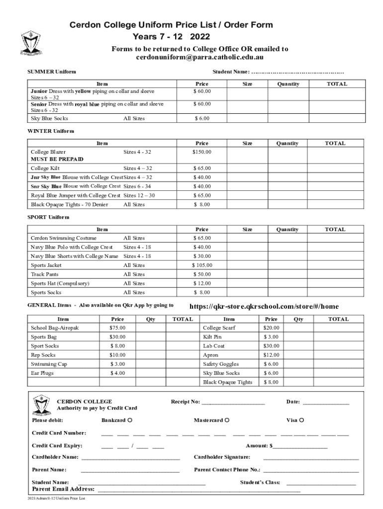 Fillable Online www.cerdonmerrylands.catholic.edu.au - mediaCERDON COLLEGE 2019 PRICE LIST/ORDER ...