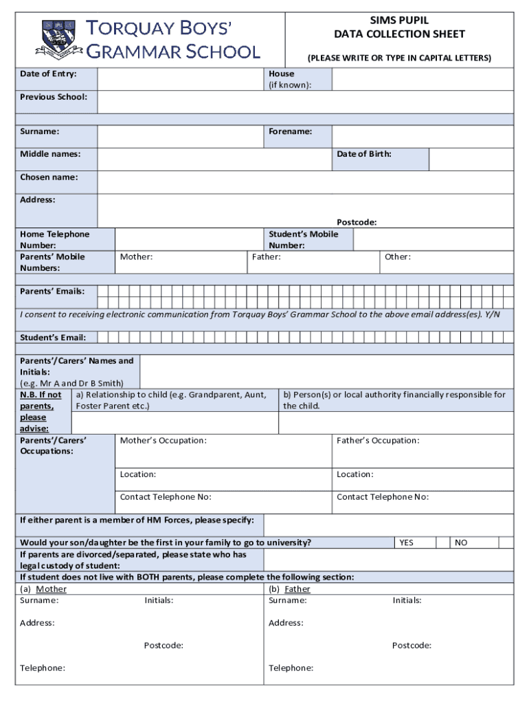 Fillable Online SIMS PUPIL DATA COLLECTION SHEET - tbgs.co.uk Fax Email ...