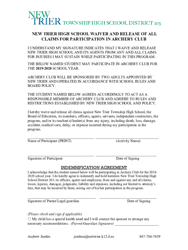 Fillable Online www.newtrier.k12.il.ussitehandlersNEW TRIER HIGH SCHOOL ...
