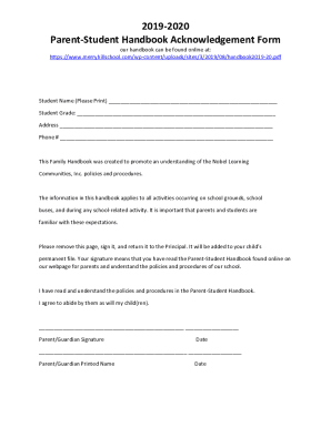 Fillable Online Parent/Student Handbook Acknowledgement Form Fax Email ...