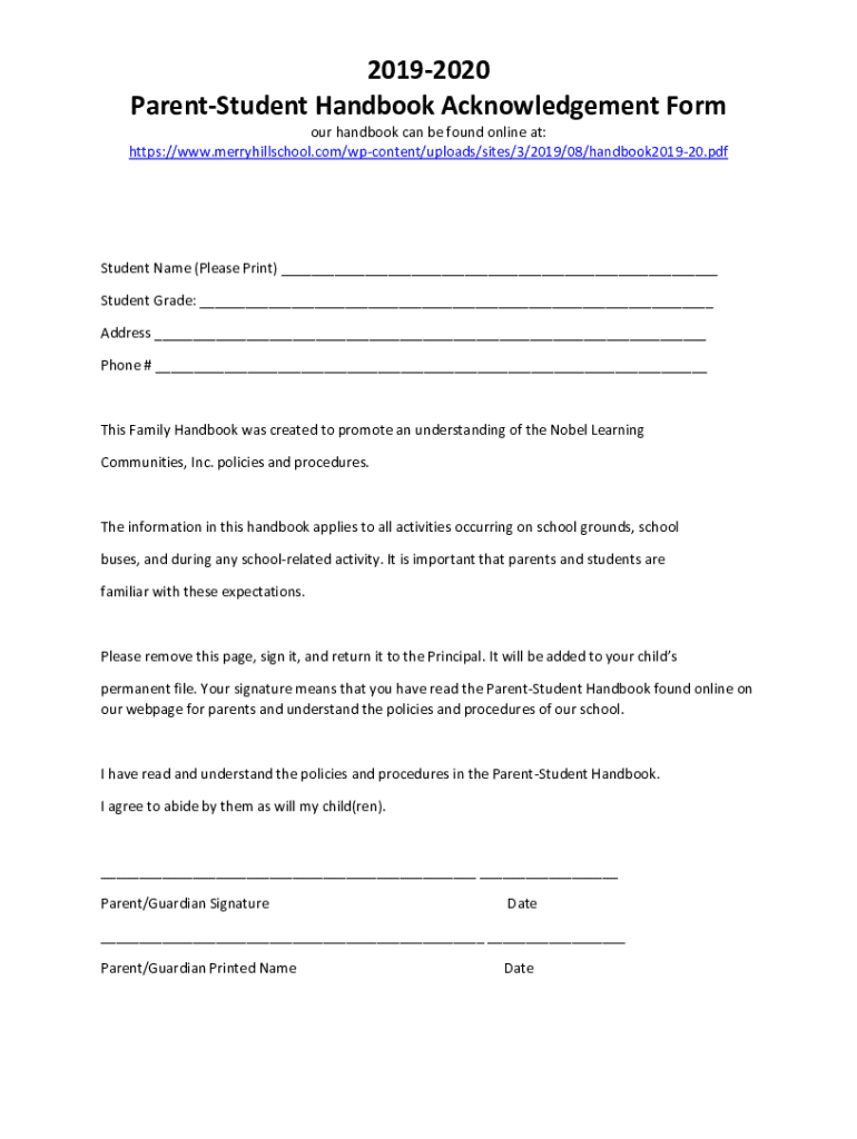 Fillable Online Parent/Student Handbook Acknowledgement Form Fax Email ...