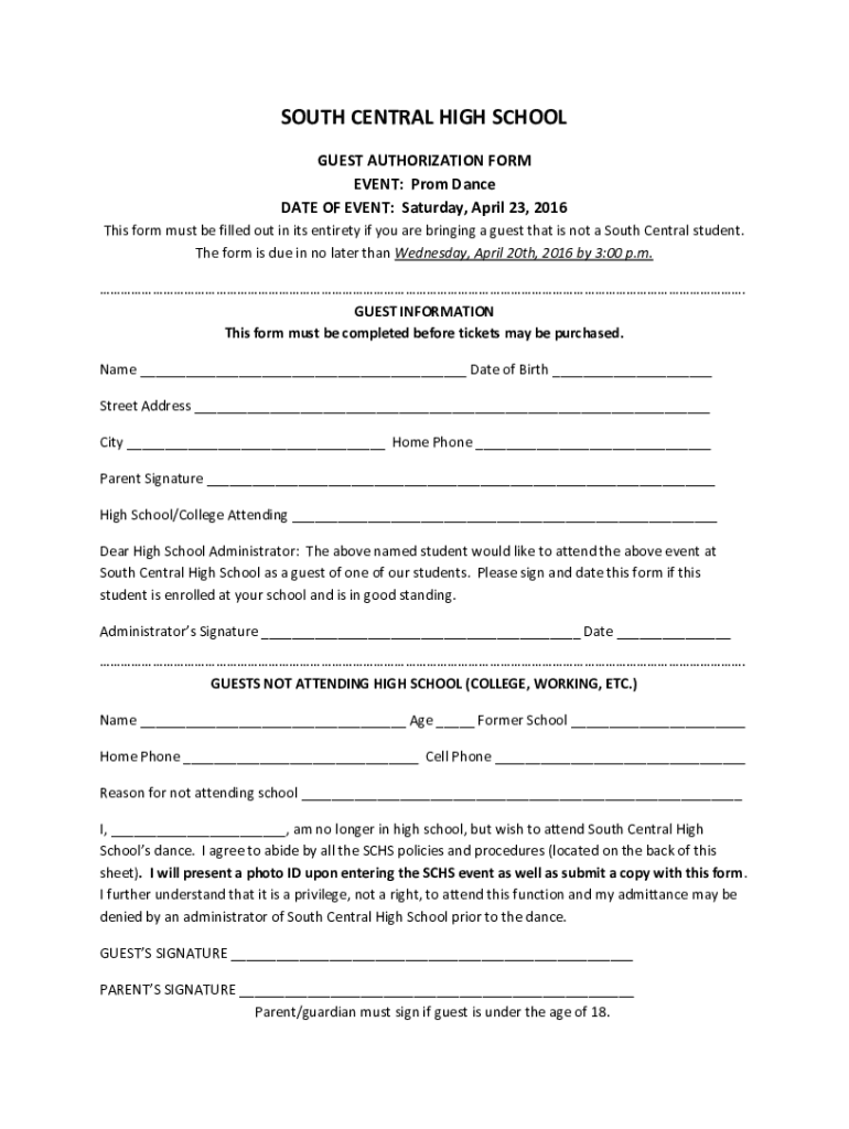 Fillable Online Prom Guest Authorization and Dance Expectations Sheet ...