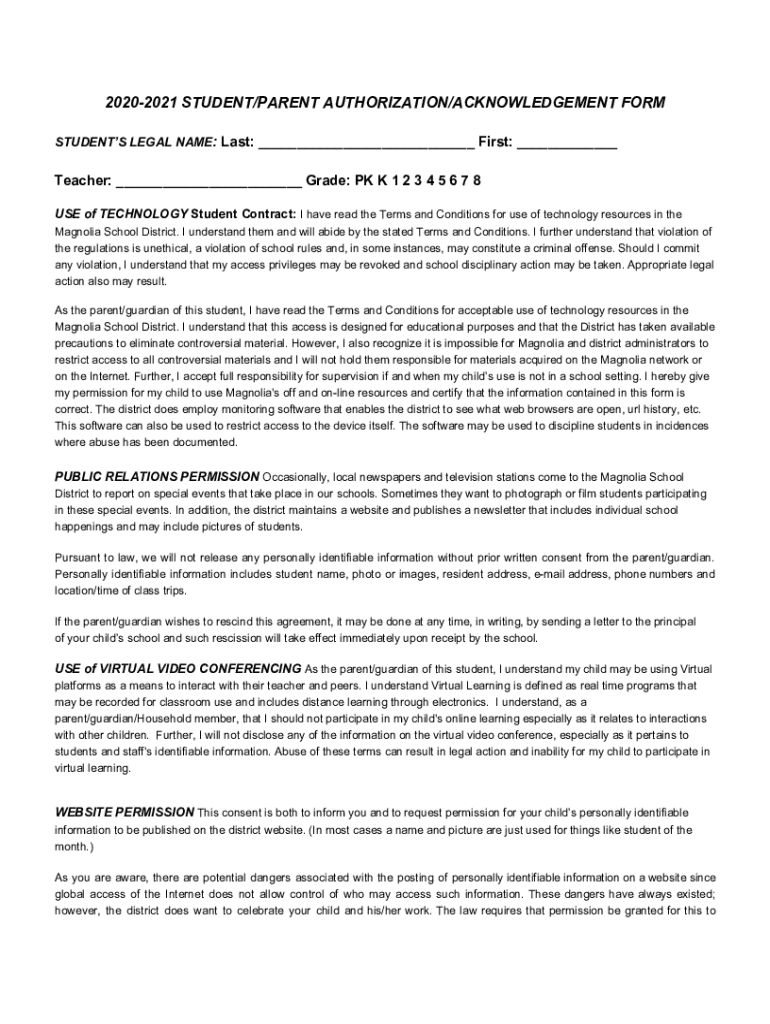 Fillable Online 2020-2021 STUDENT/PARENT AUTHORIZATION/ACKNOWLEDGEMENT ...