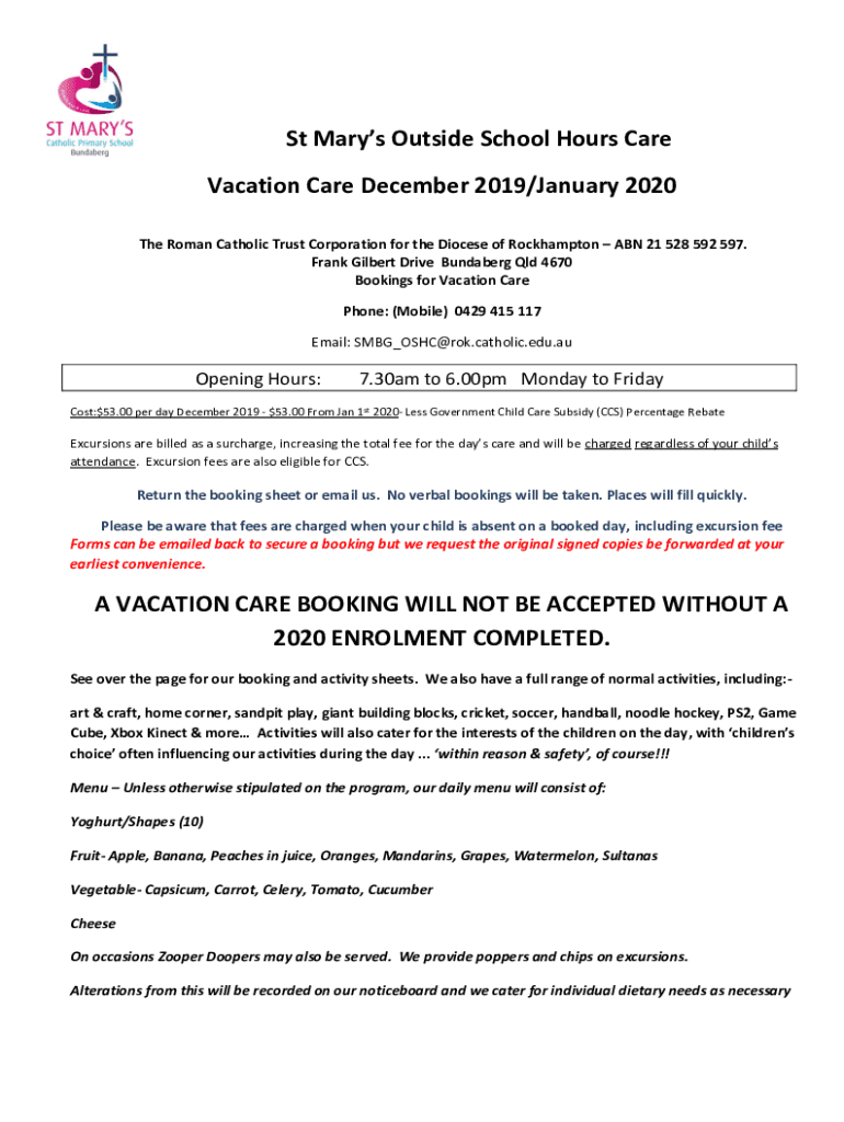 Fillable Online St Mary's Outside School Hours Care - Catholic Early ...