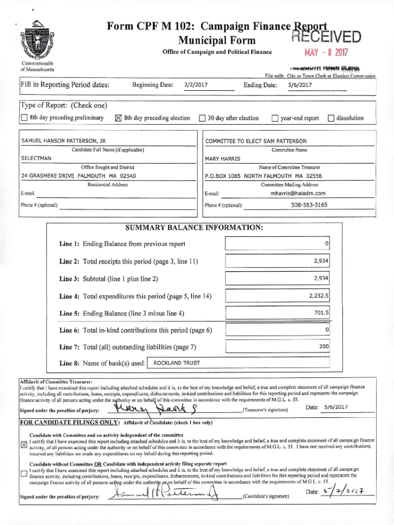 Fillable Online Form CPF M 102: Campaign Finance Report ., Municipal ...