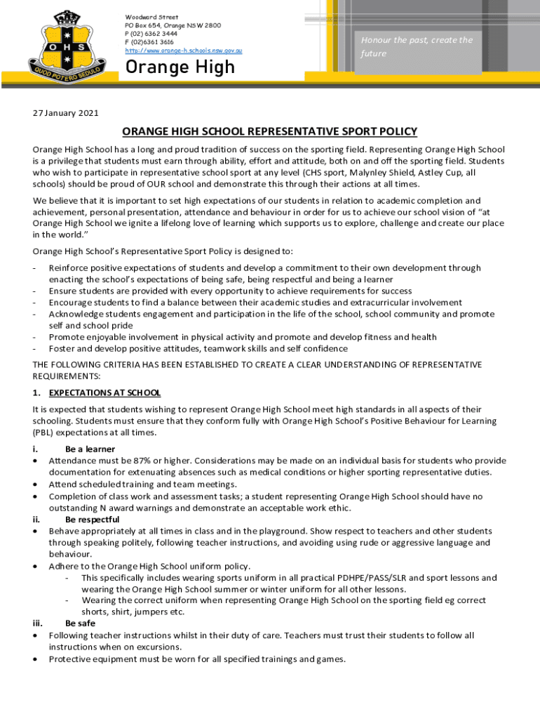 Fillable Online Woodward Street PO Box 654. ORANGE NSW 2800 Orange ... - Orange High School Fax ...