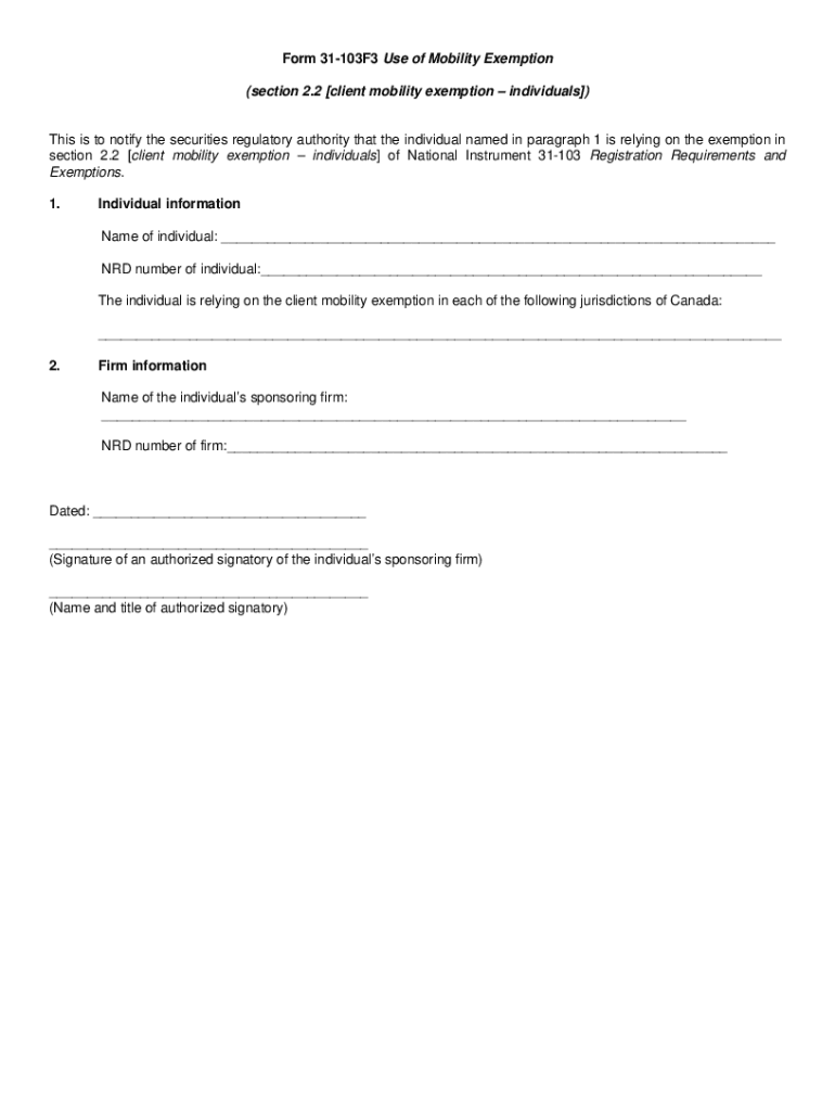 Fillable Online 31-103F3 Use of Mobility Exemption F.doc Fax Email Print - pdfFiller