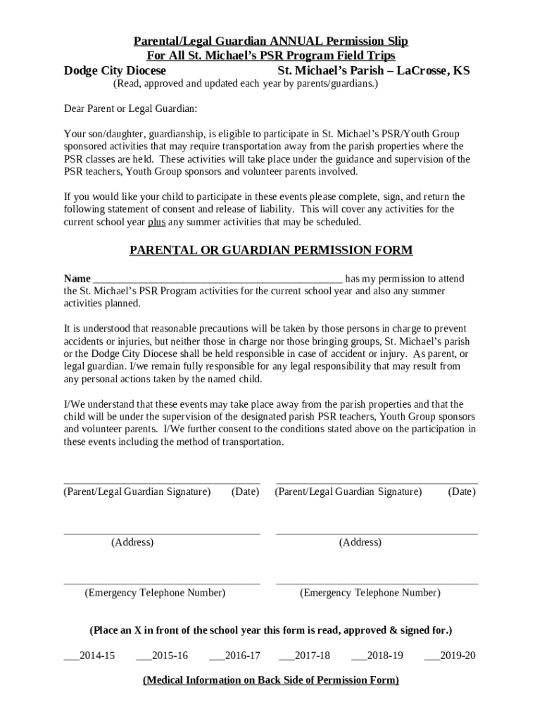 Parental/Legal Guardian ANNUAL Permission Slip Doc Template | pdfFiller