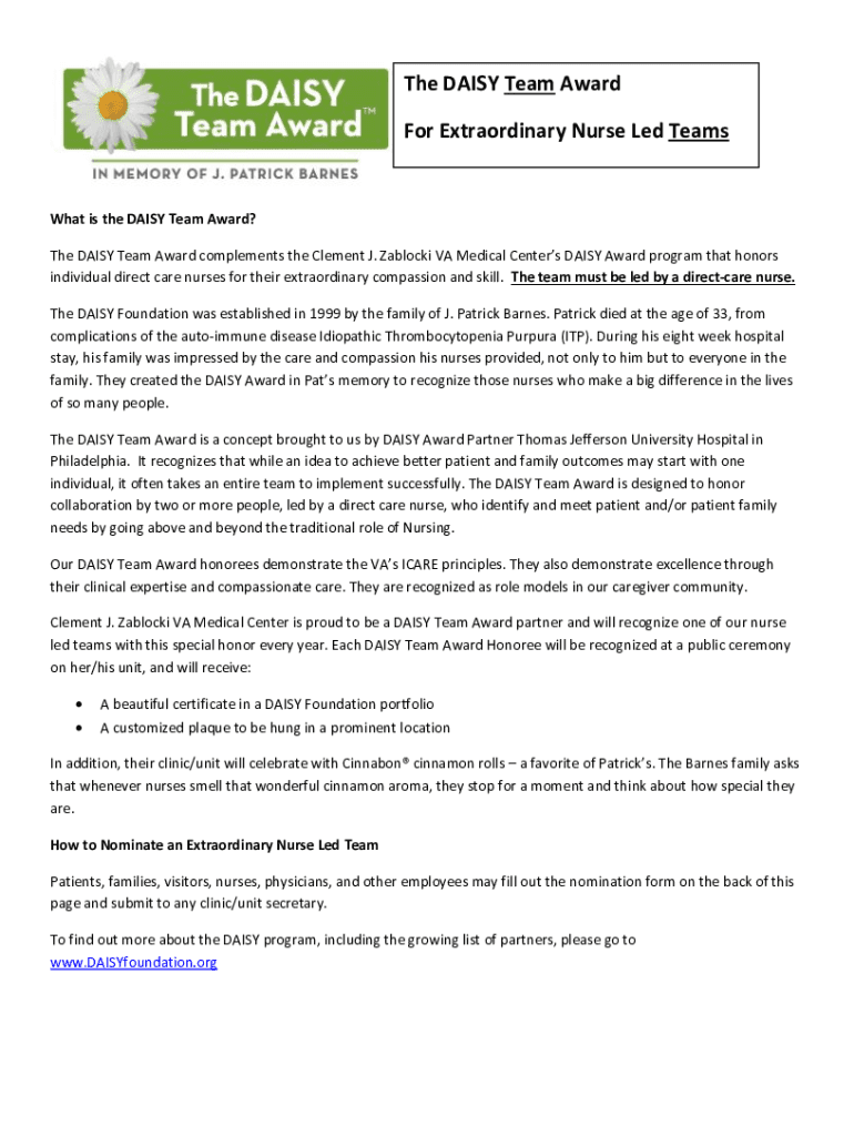 Fillable Online The DAISY Team Award For Extraordinary Nurse Led Teams ...