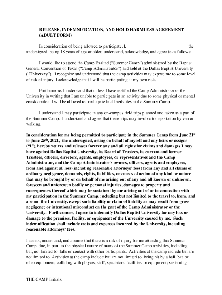 Fillable Online Updated 11/2021 PARTICIPANT LIABILITY RELEASE AND ...