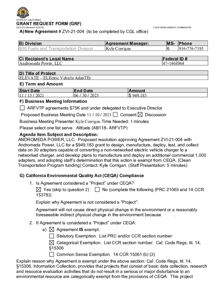 Fillable Online GRANT REQUEST FORM (GRF) A) New Agreement # ZVI-21-004 ...