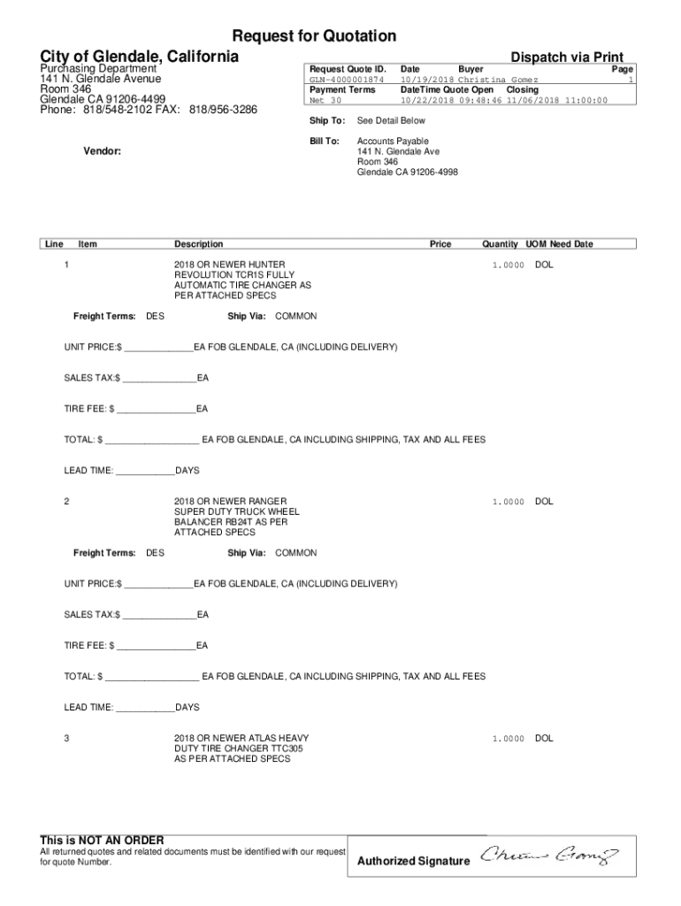 Fillable Online www.glendaleca.gov home showdocumentRequest for Quotation City of Glendale ...