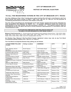 Fillable Online CITY OF MISSOURI CITY NOTICE OF SPECIAL ELECTION TO ALL ... Fax Email Print ...
