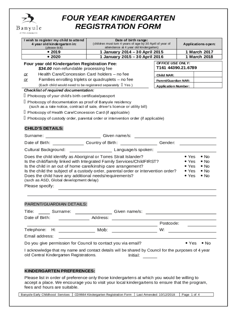 FOUR YEAR KINDERGARTEN ENROLMENT APPLICATION Doc Template | pdfFiller